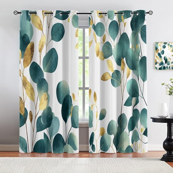 Blue Gold Leaf Style Blackout Curtains Curtain Panels for Living Room ...