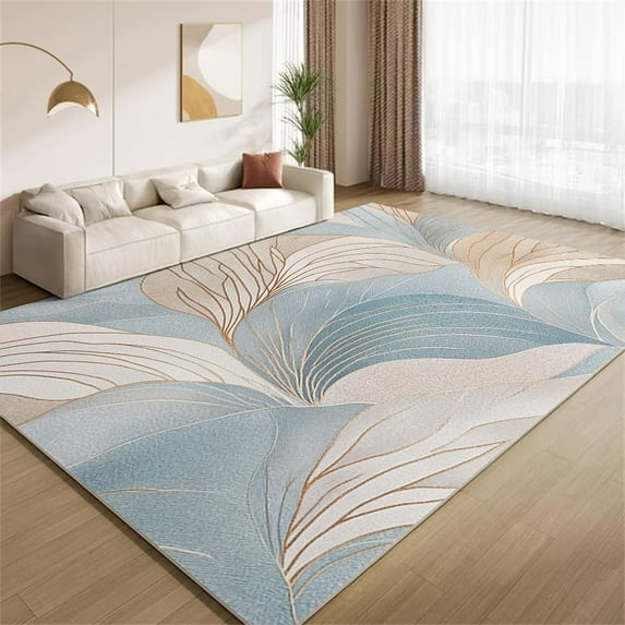 Blue and Gold Leaves Rug 5x7 Area Rugs Modern Golden Waves Rugs Non ...