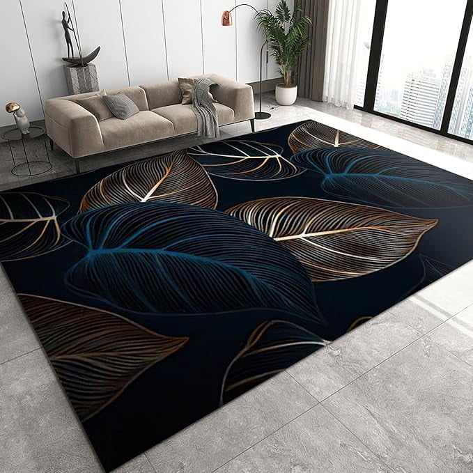 Blue Gold Lines Leaves Area Rugs, Luxury Retro Tropical Rainforest ...