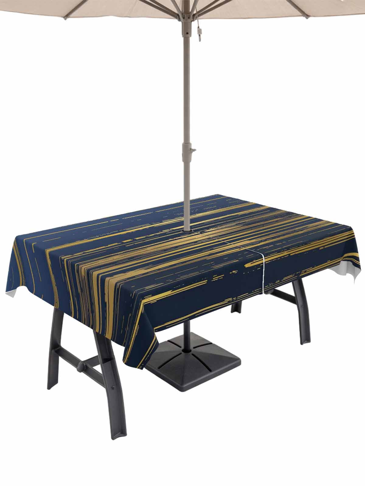 Blue Gold Lines Rectangle Outdoor Tablecloth with Umbrella Hole Strip ...
