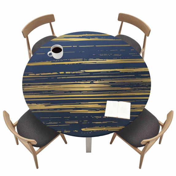 Blue Gold Lines Round Fitted Tablecloth with Elastic Edge Strip ...