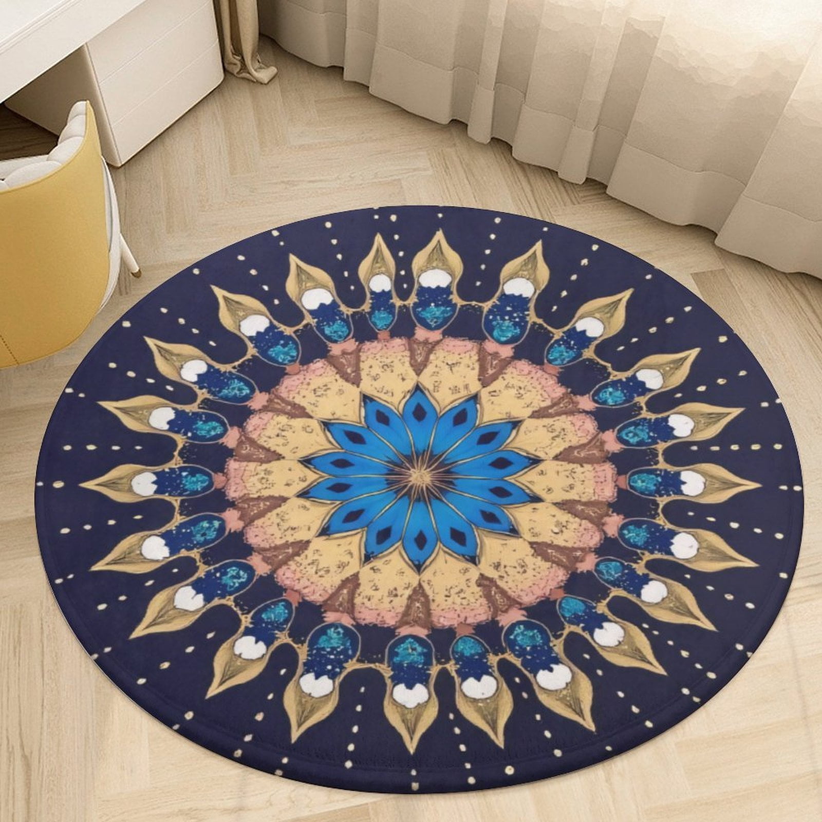 Blue Gold Mandala Art Round Area Rugs for Bedroom Living Room, 4FT Soft ...