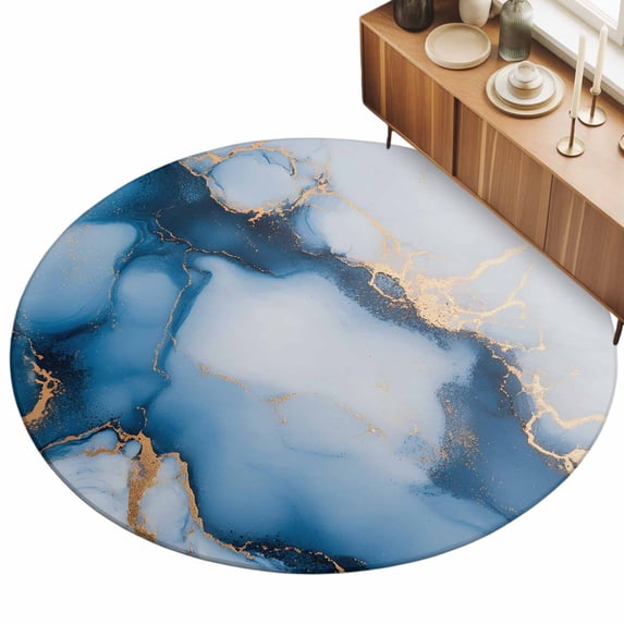 Blue Gold Marble Area Rug, Bronzing Watercolor Modern Abstract Art Non ...