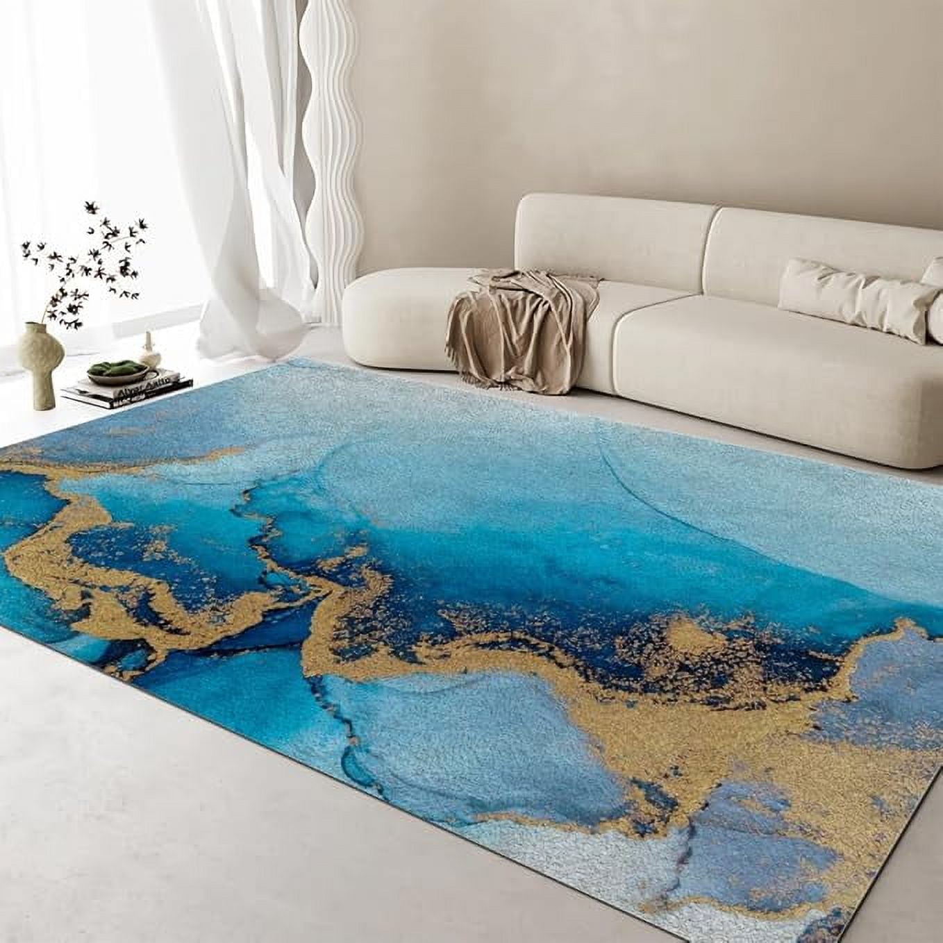 Blue Gold Marble Area Rug, Luxury Gradient Abstract Ink Art Oil ...