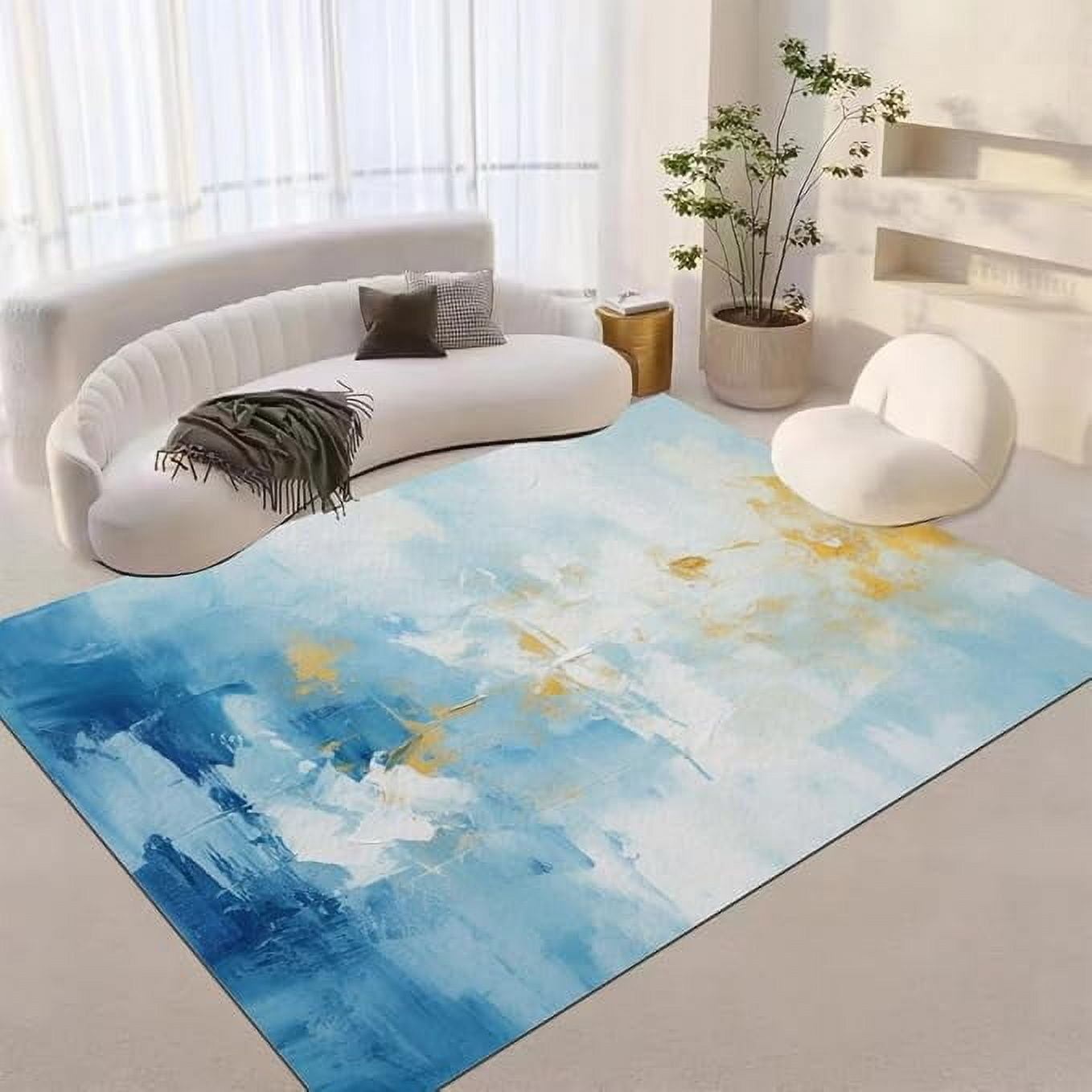 Blue Gold Marble Area Rug, Modern Abstract Art Bedroom Carpet ...