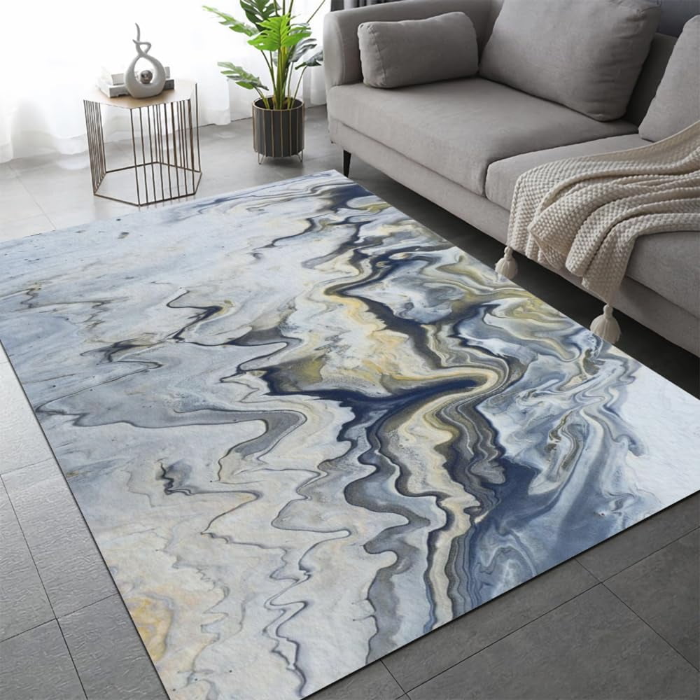 Blue Gold Marble Area Rugs, 4x5ft Modern Abstract Art Soft Washable ...