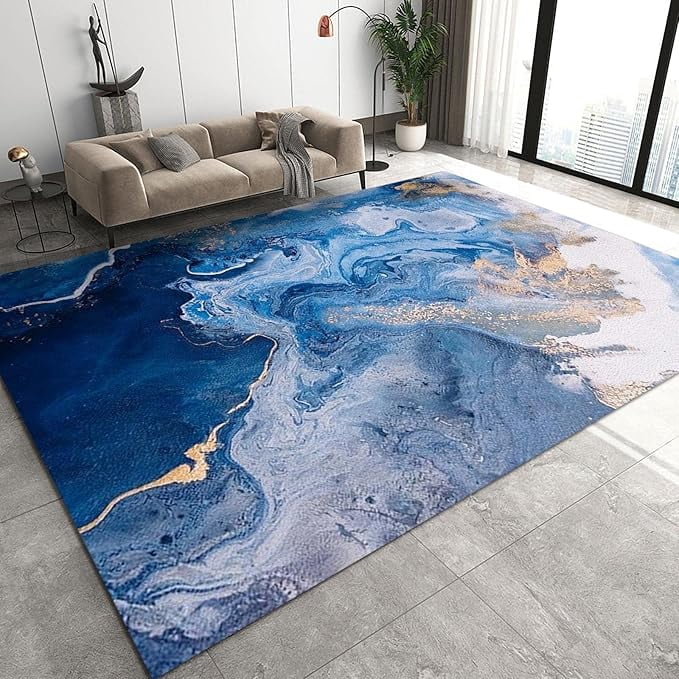 Blue Gold Marble Area Rugs, Abstract Blue Ink Art Non-Slip Kids Rug ...