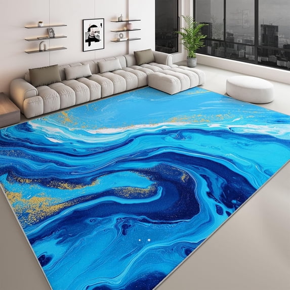 Blue Gold Marble Area Rugs, Blue Gold Marble Swirls Carpet, Washable ...