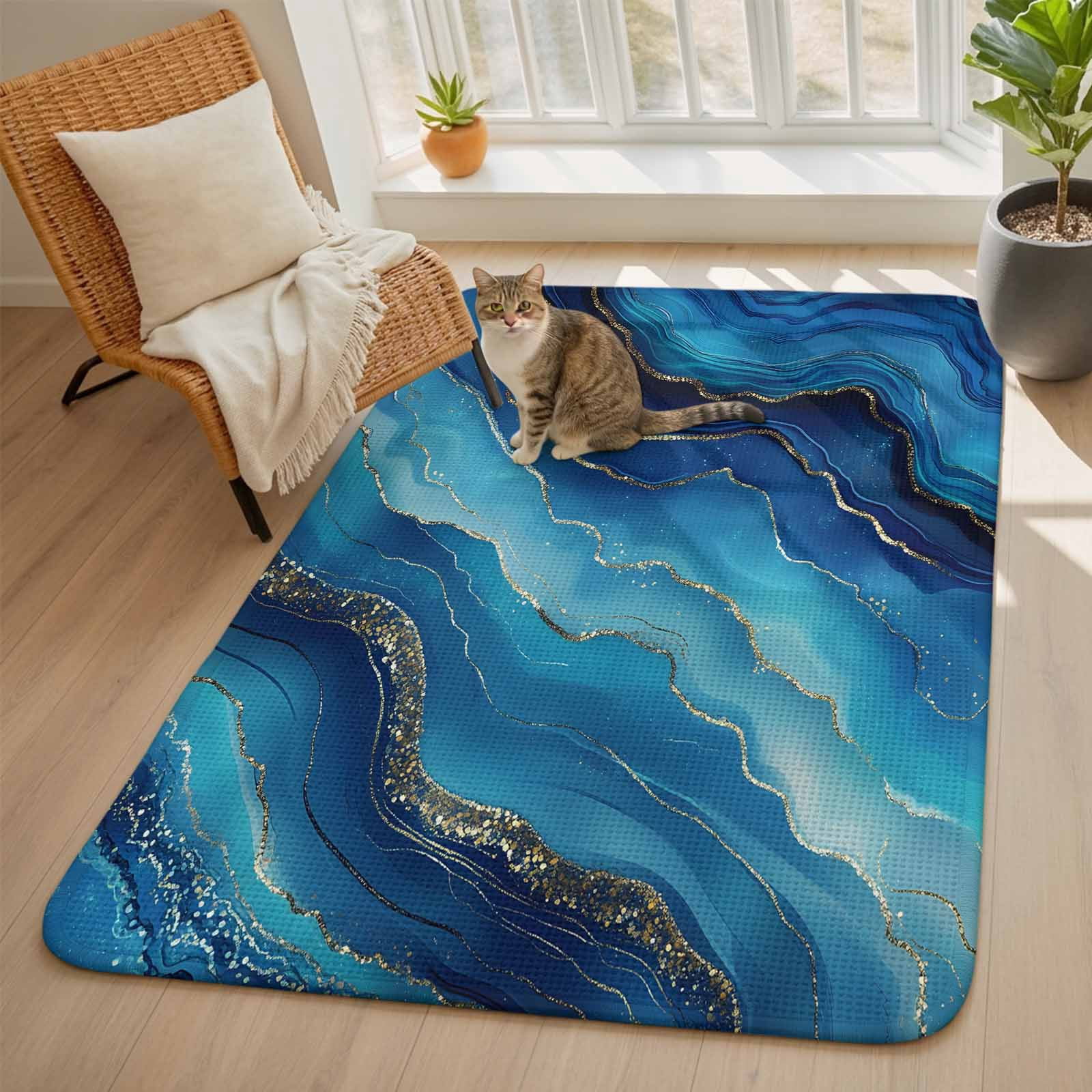 Blue and Gold Marble Area Rugs for Living Room 5x6, Modern Abstract ...