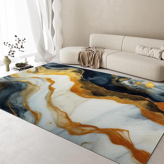 Blue Gold Marble Area Rugs, Minimalist Abstract Style Carpet, Soft Non ...