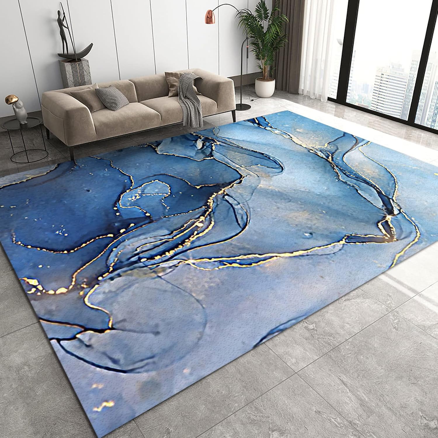 Blue Gold Marble Area Rugs, Modern Ink and Watercolor Oil Painting ...