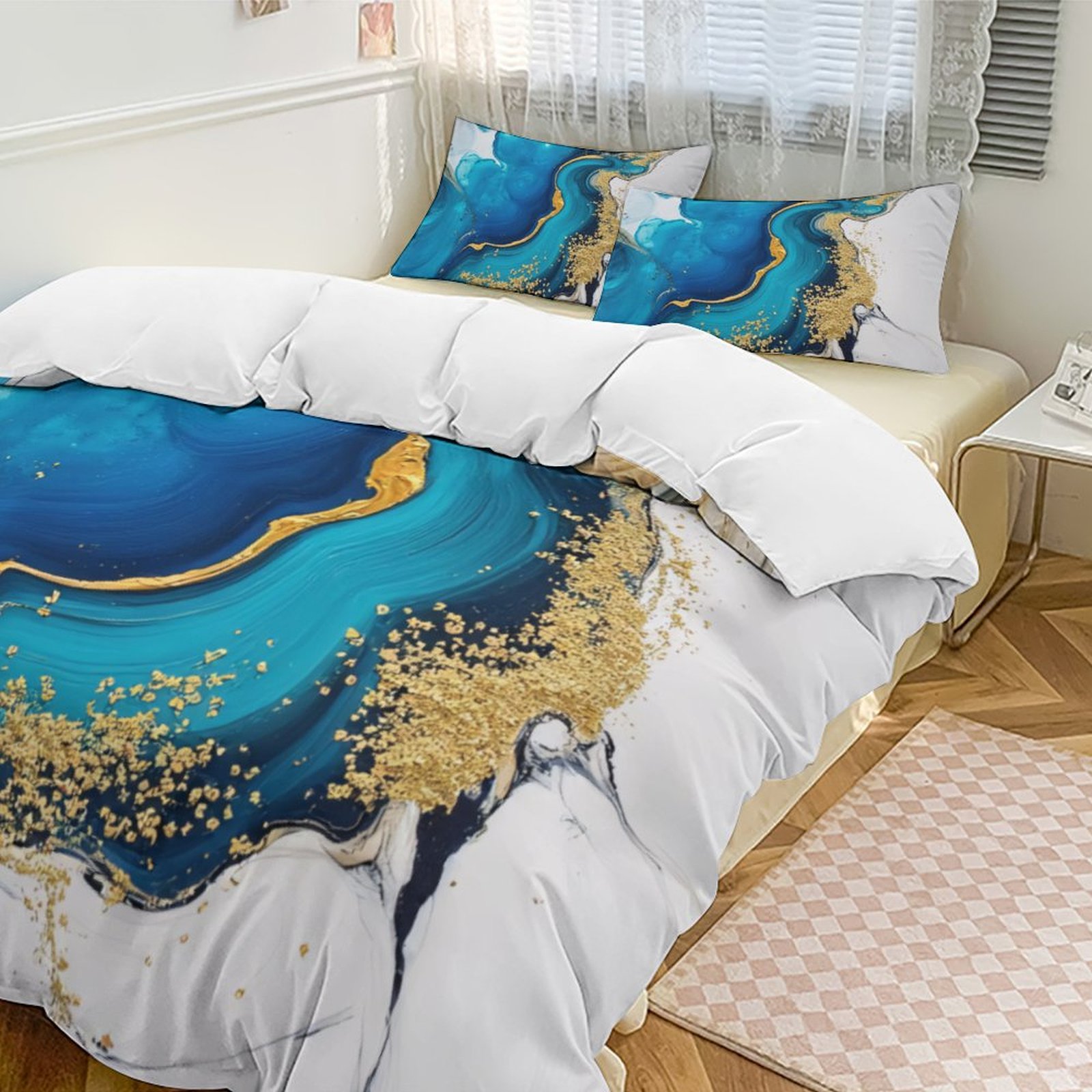 Blue Gold Marble Art(2)-2 Duvet Cover Set Themed Multicolor Polyester ...