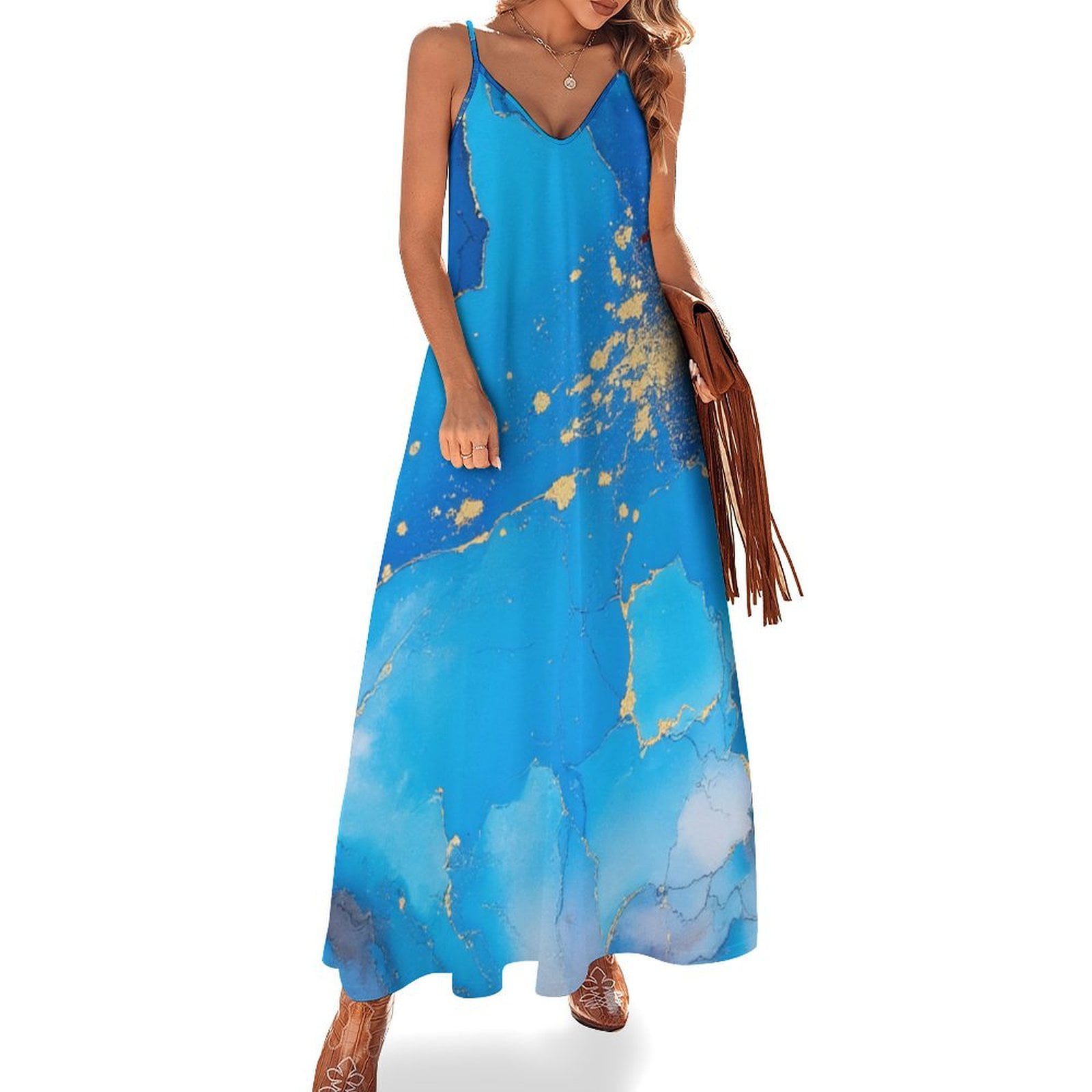 Blue Gold Marble Art-2 Design Sleeveless Dress Woman Fashion Long ...