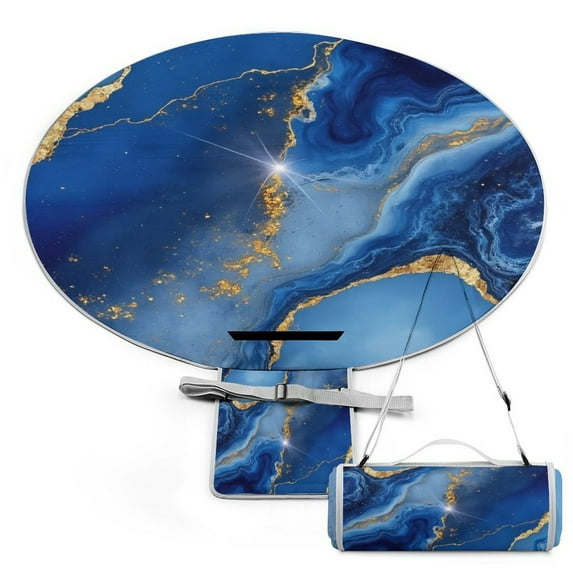 Blue Gold Marble Art 58" Round Waterproof Picnic Blanket - Foldable ...