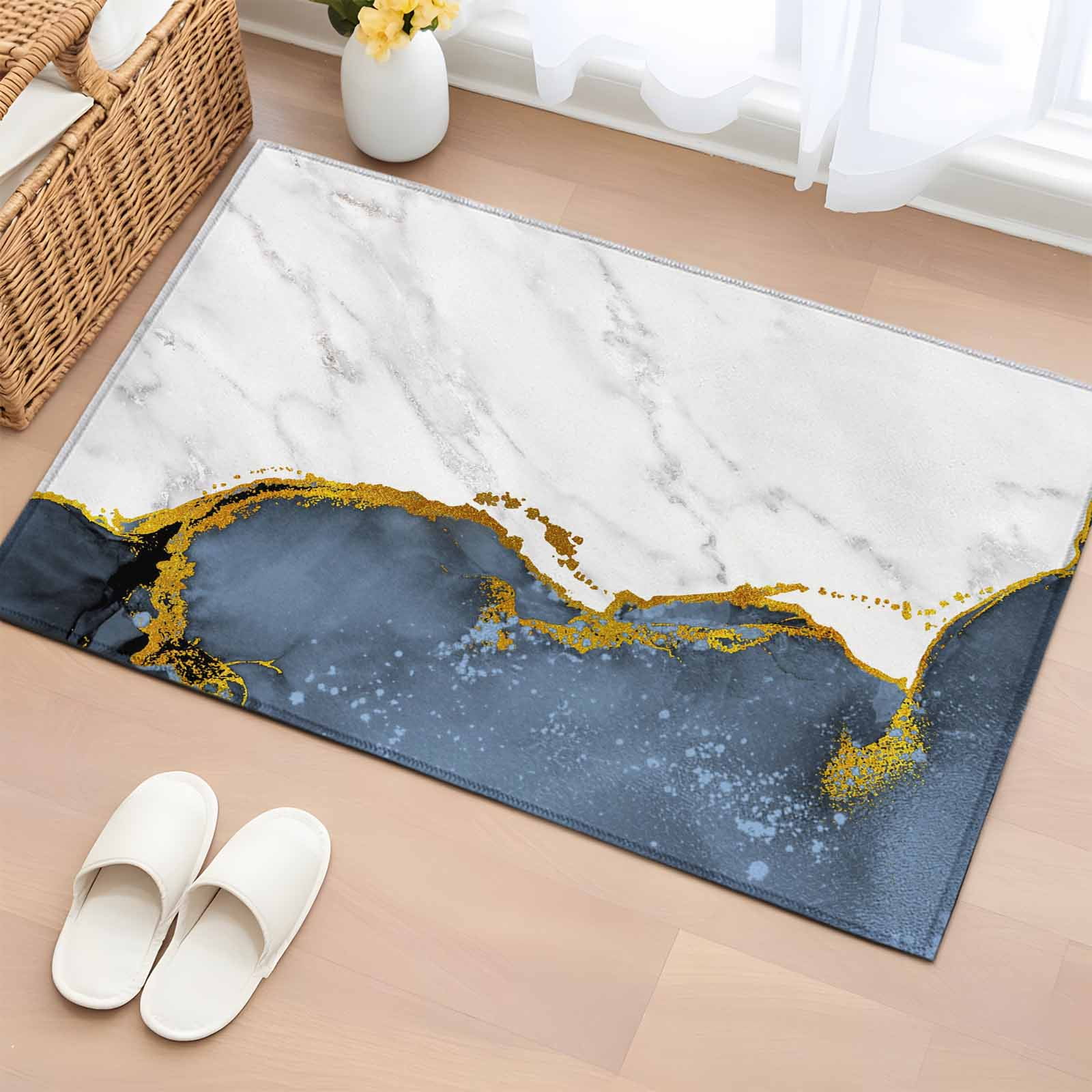 Blue Gold Marble Bathroom Rug Washable 2x3 Entryway Rug Non Slip Modern ...