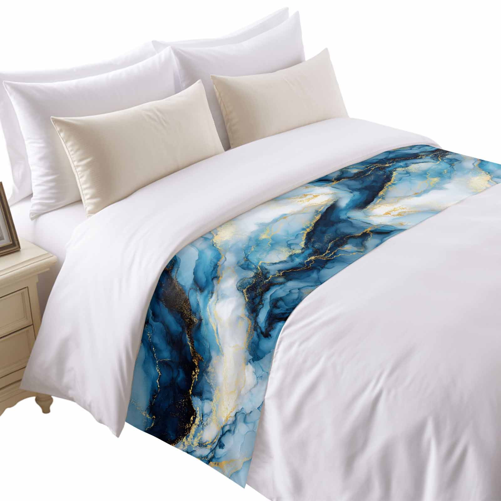 Blue Gold Marble Bed Runner for Twin Size Bed, Luxury Gorgeous Ocean ...