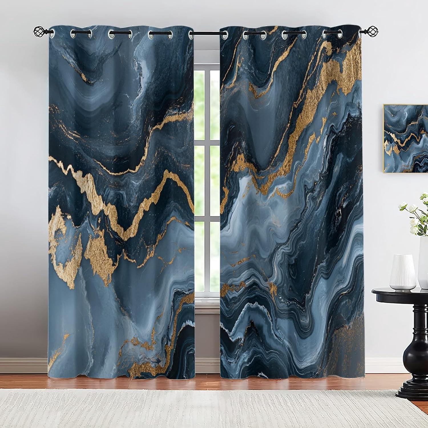 Blue Gold Marble Blackout Curtains, Abstract Stone Texture Window ...