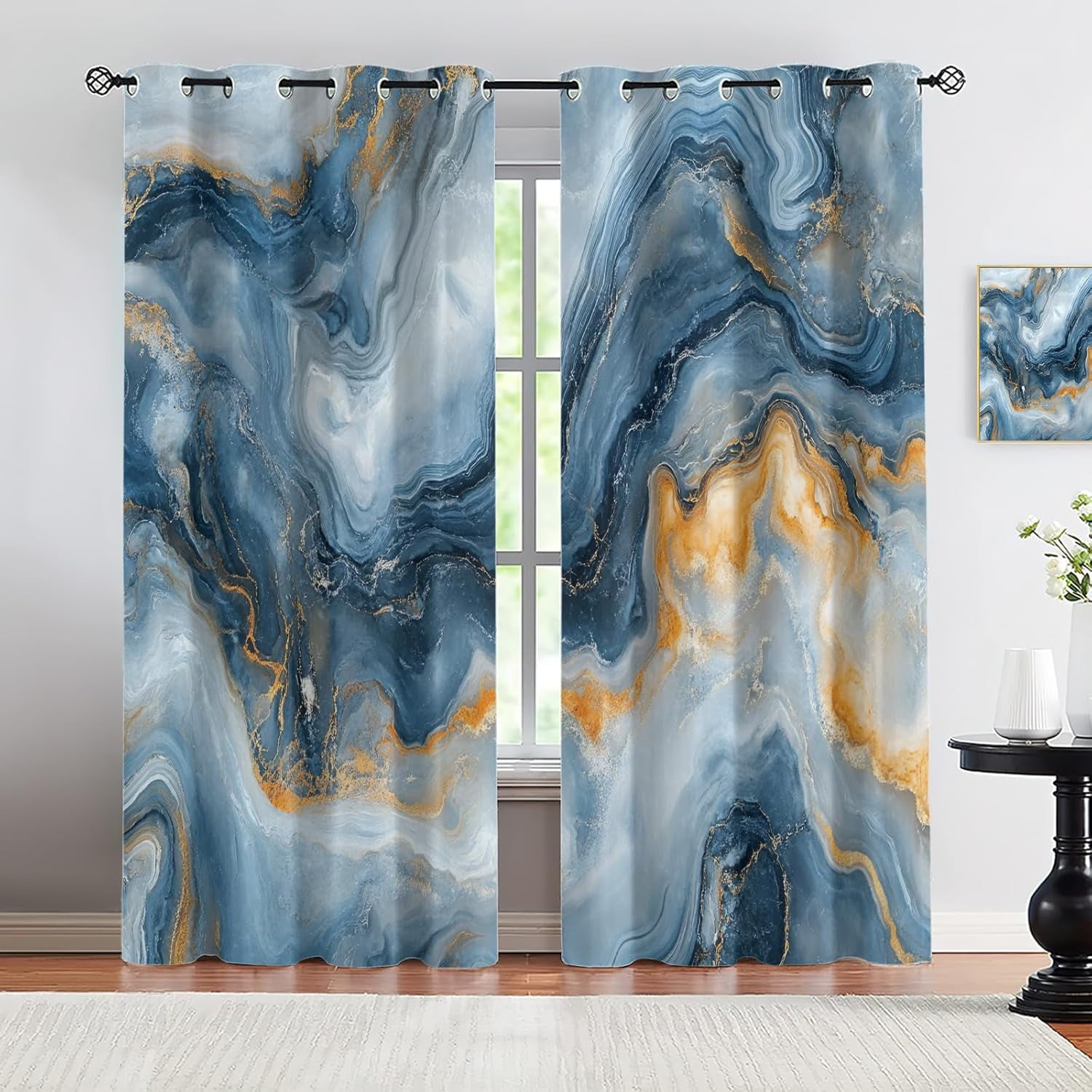 Blue Gold Marble Blackout Curtains for Girls Boys Home Decor, Modern ...