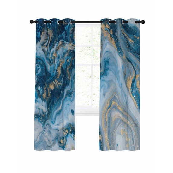 Blue Gold Marble Blackout Curtains, Light Blocking Print Window ...