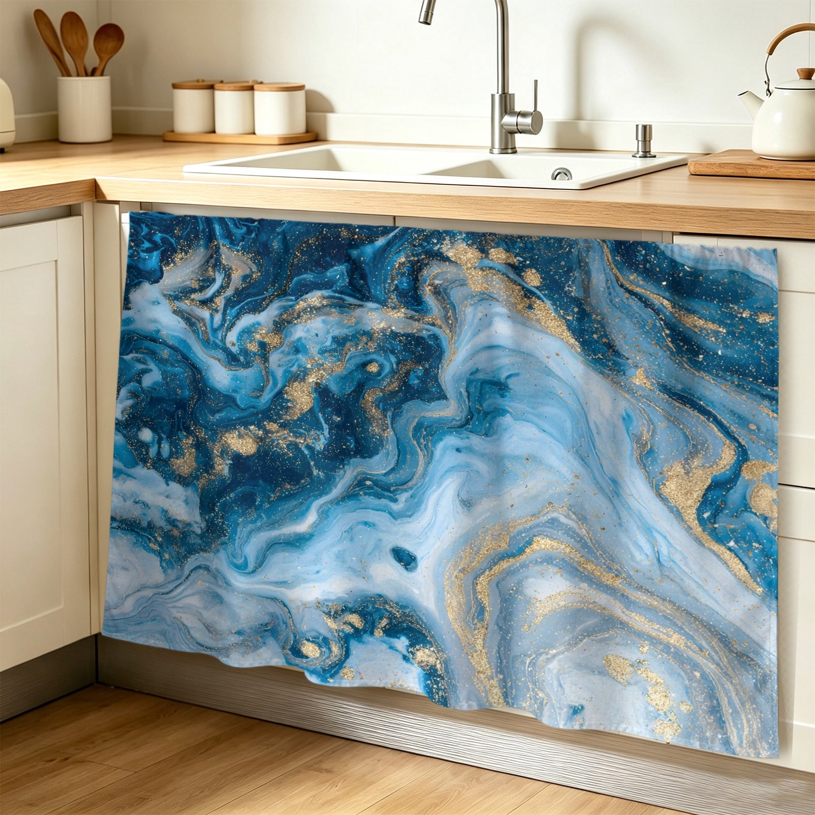 Blue Gold Marble Cabinet Curtains for Shelves, Modern Abstract ...