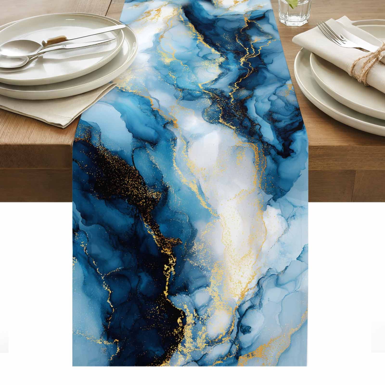 Blue Gold Marble Cotton Linen Table Runner Luxury Gorgeous Ocean ...