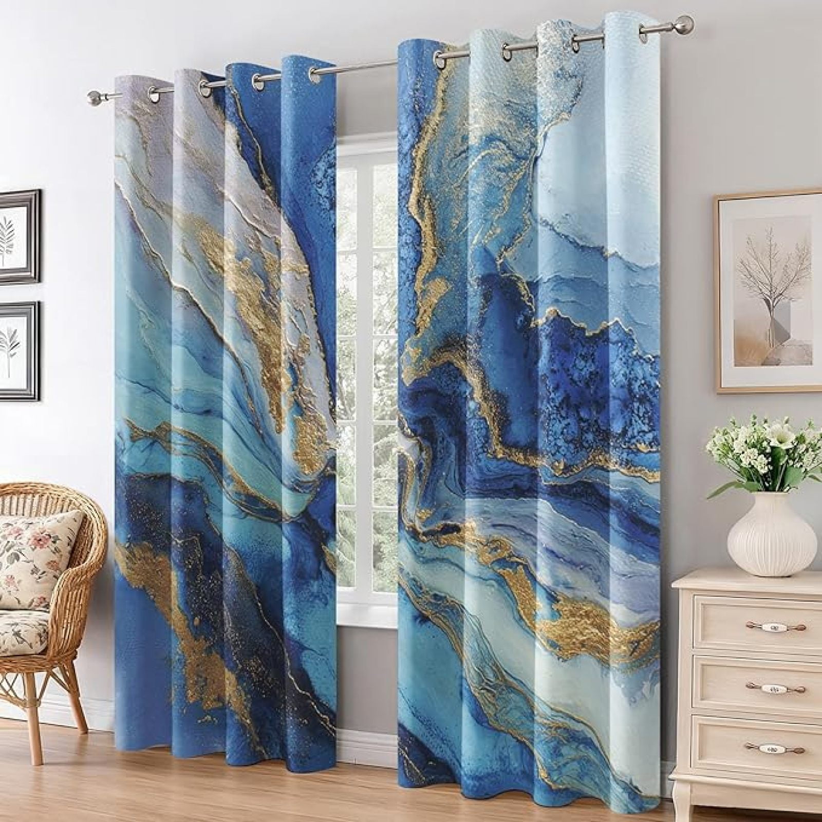 Blue Gold Marble Curtain for Living Room, Thermal Insulated Marble ...