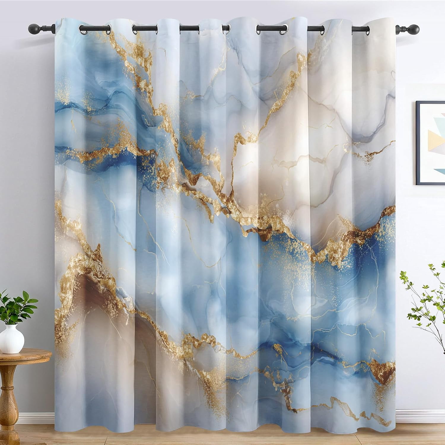 Blue Gold Marble Curtains for Living Room 2 Panels, Modern Abstract ...