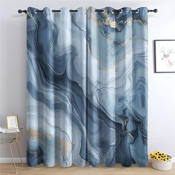 Blue Gold Marble Curtains for Living Room, Modern Abstract Blackout ...