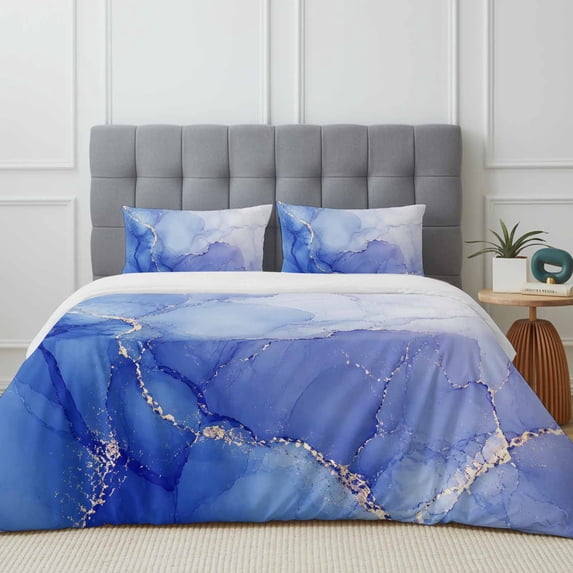 Blue Gold Marble Duvet Cover Set Cal King Size, Abstract Gradient Stone ...