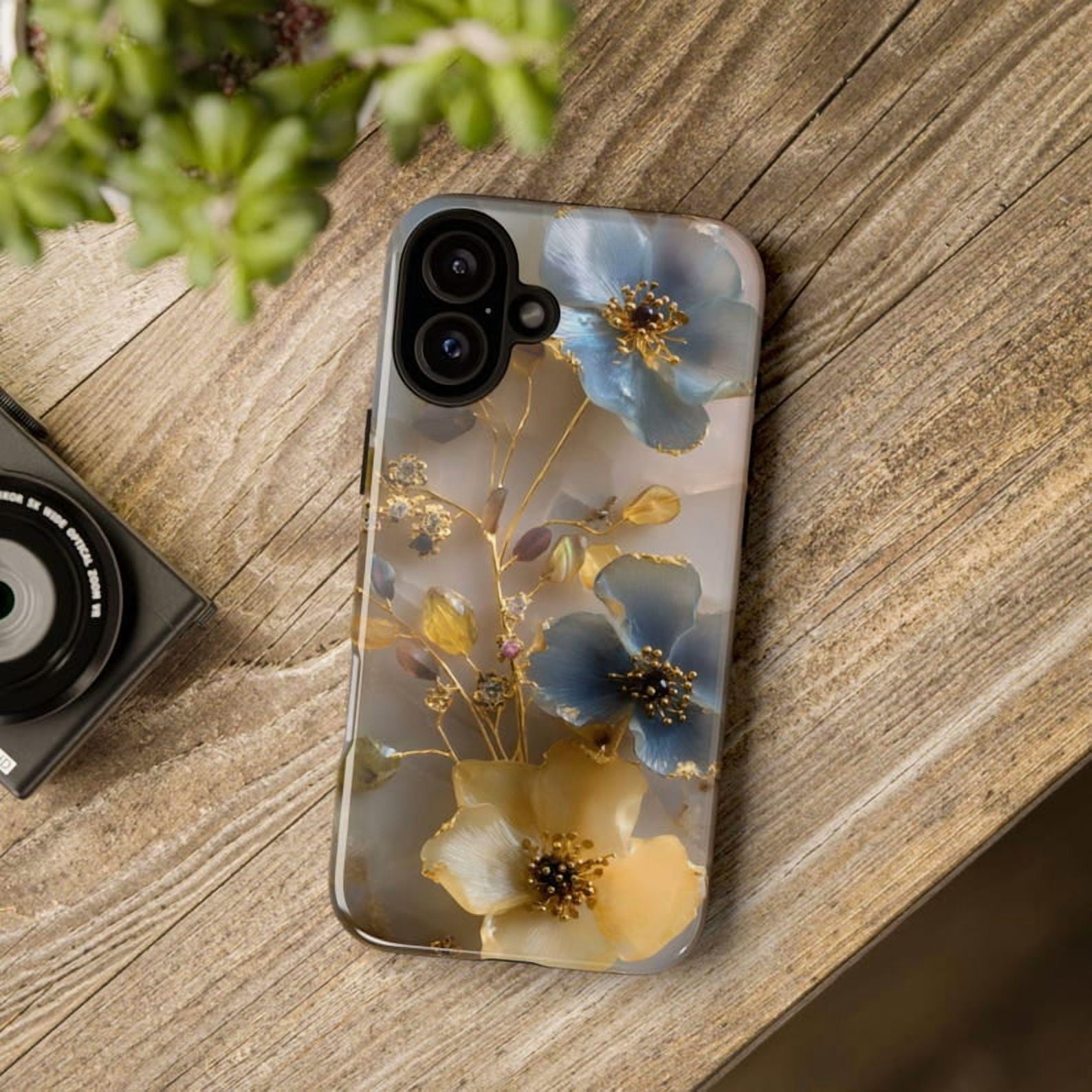 Blue Gold Marble Floral Artwork iPhone Case Elegant Botanical with ...