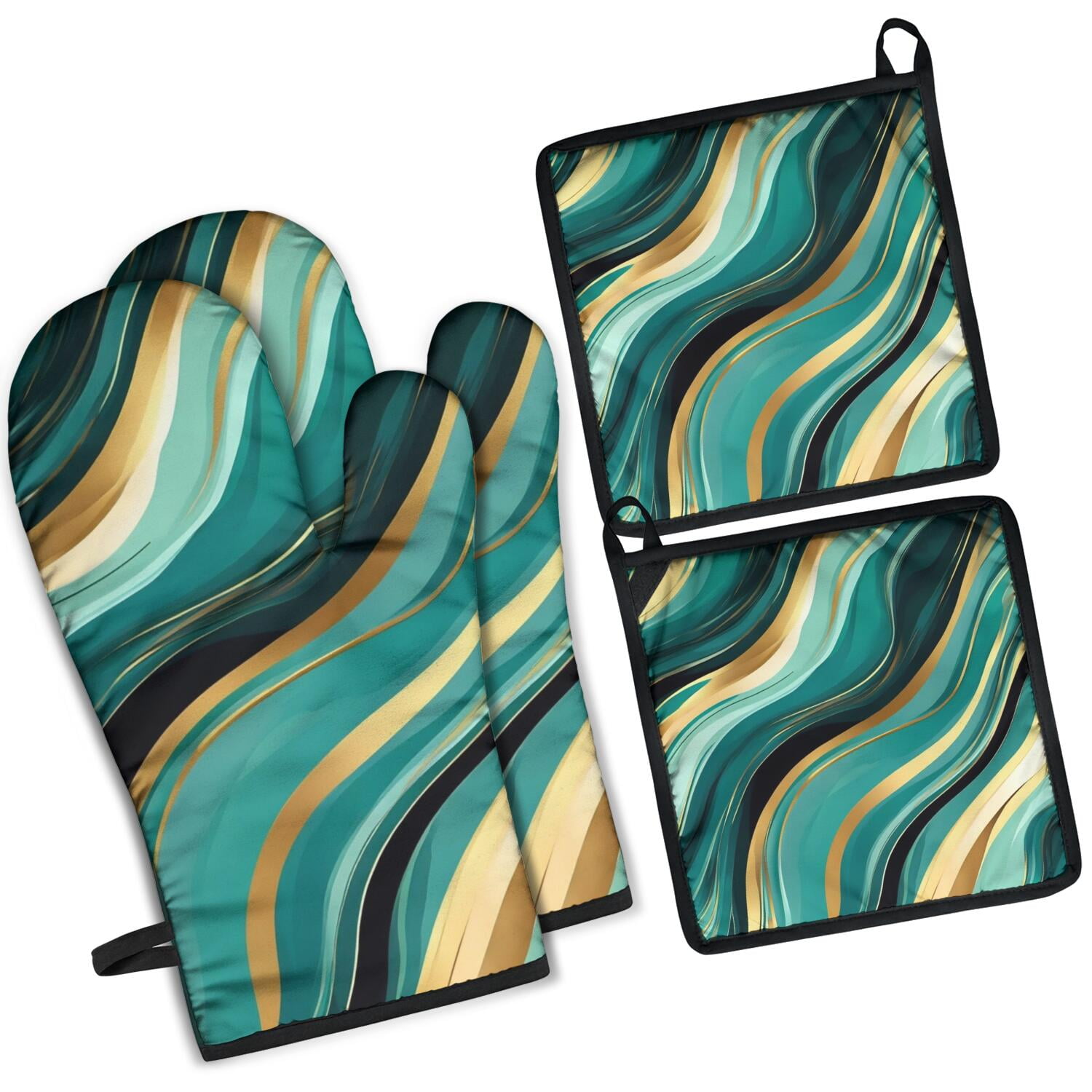 Blue and Gold Marble Glitter Streaks Pattern Kitchen Oven Mitt and Pot ...