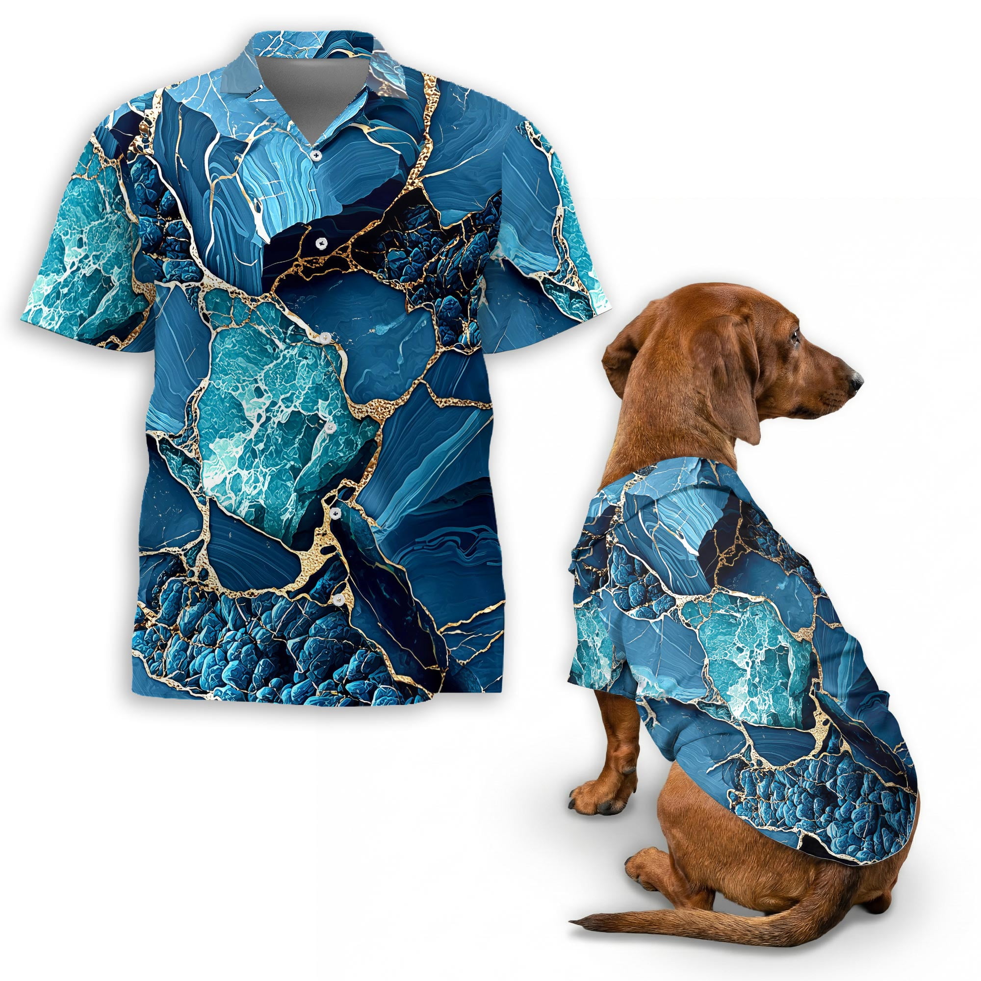 Blue Gold Marble Hawaiian Shirt for Men and Dogs, Ocean Agate Stone ...