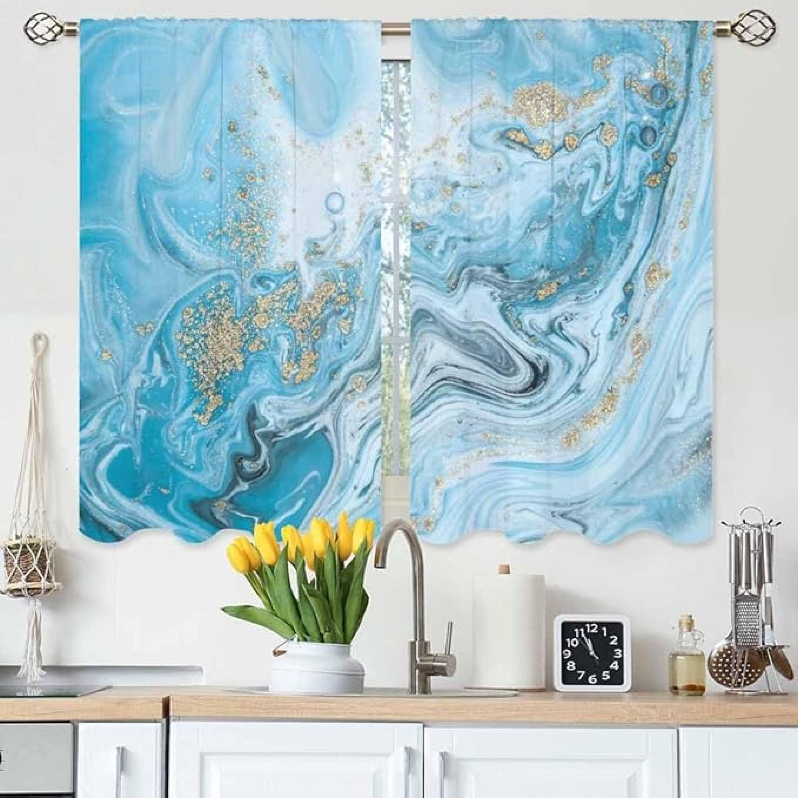 Blue Gold Marble Kitchen Curtains Luxury Abstract Art Marble Swirls ...