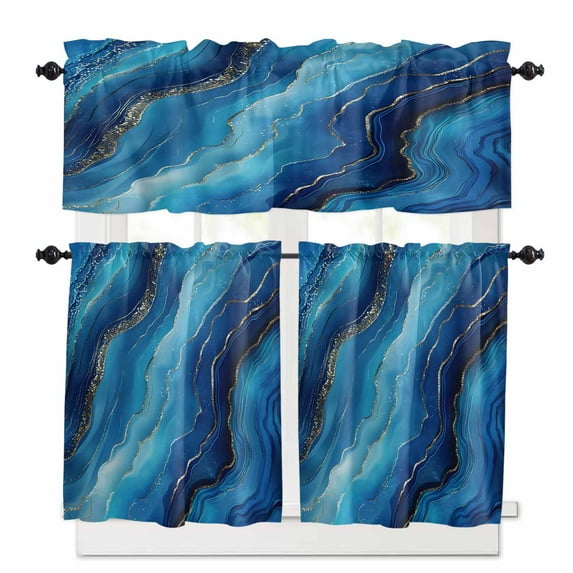 Blue and Gold Marble Kitchen Curtains Valances and Tiers Set of 3, 24 ...