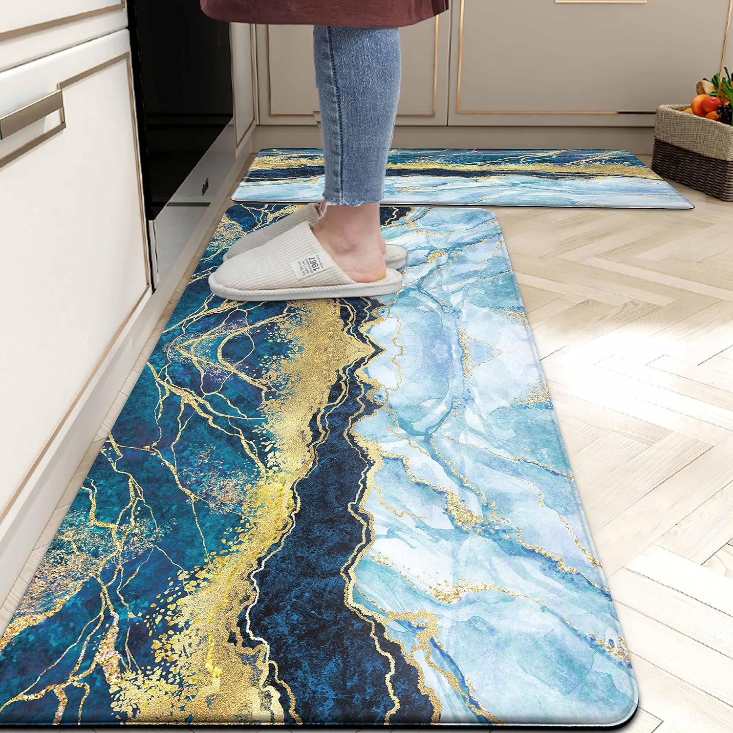 Blue Gold Marble Kitchen Mat and Rugs Set of 2, Anti Fatigue Comfort ...