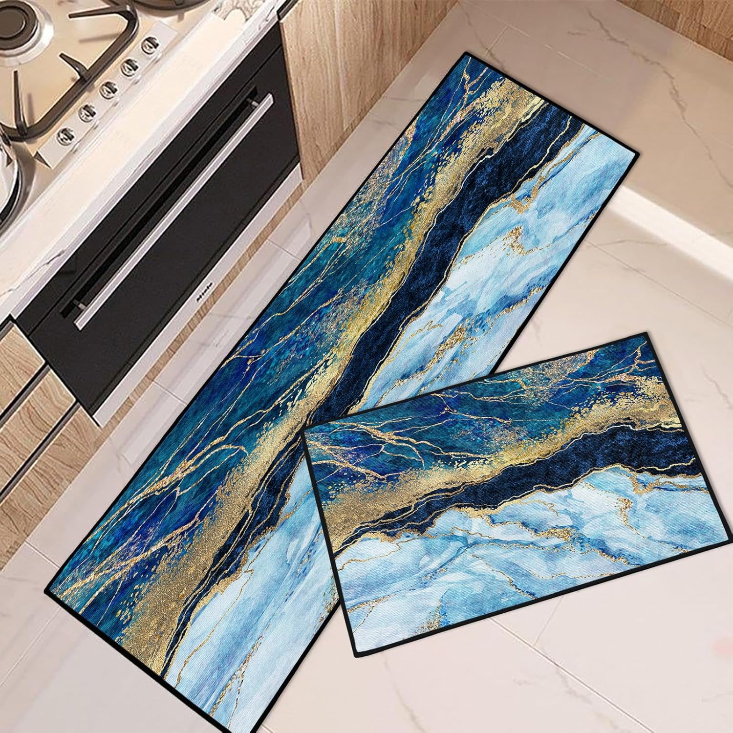 Blue Gold Marble Kitchen Mat Set - Non-Skid Washable, Navy Luxury ...