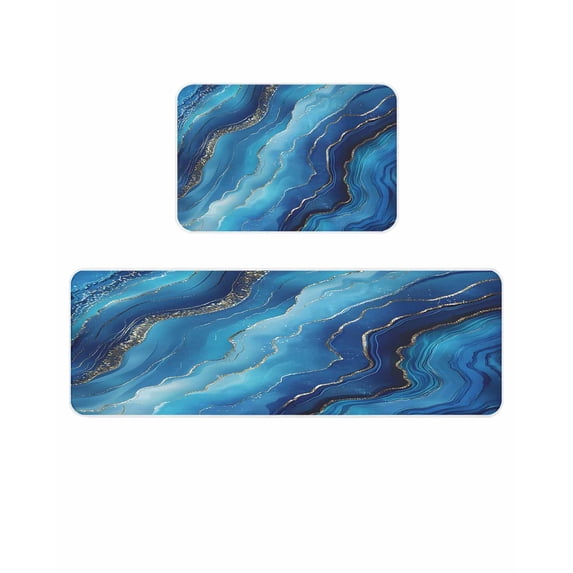 Blue and Gold Marble Kitchen Mats for Floor 2 Piece, Modern Abstract ...
