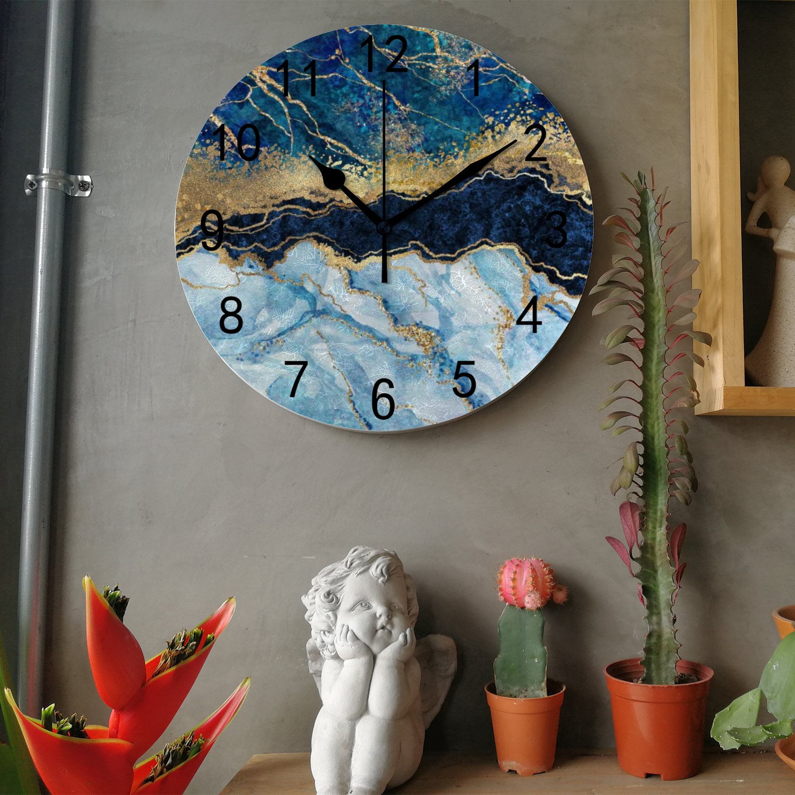 Blue Gold Marble Kitchen Wall Clock, Silent Non Ticking 10 Inch Wall ...