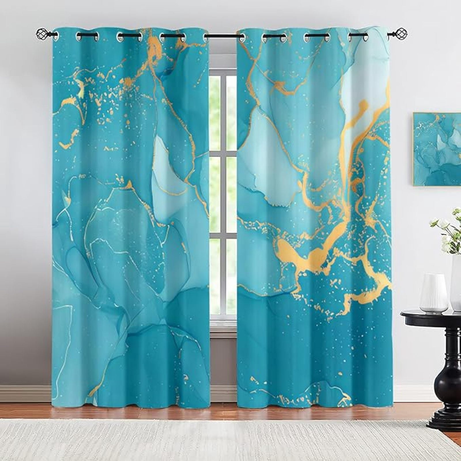 Blue Gold Marble Living Room Blackout Curtains, Stylish Fluid Art Print ...