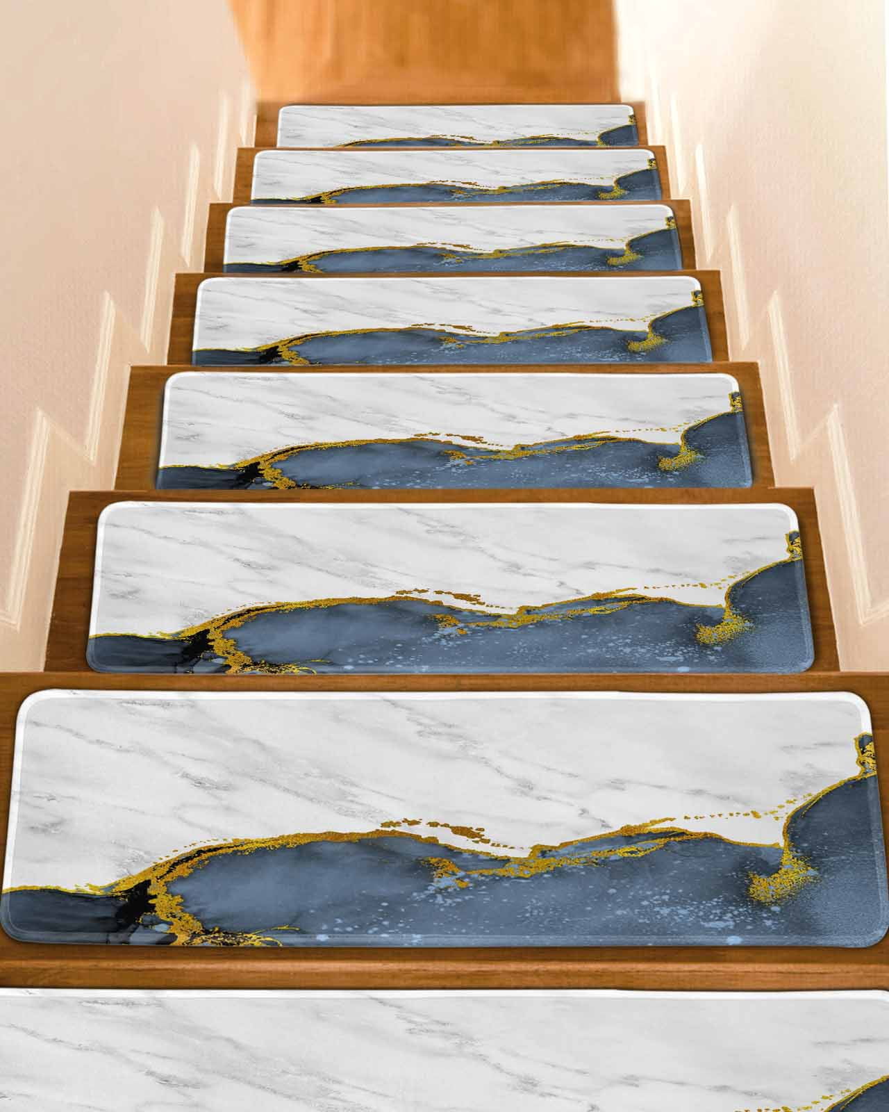 Blue Gold Marble Non-Slip Stair Treads for Wooden Steps, 15 Pack-8x30in ...