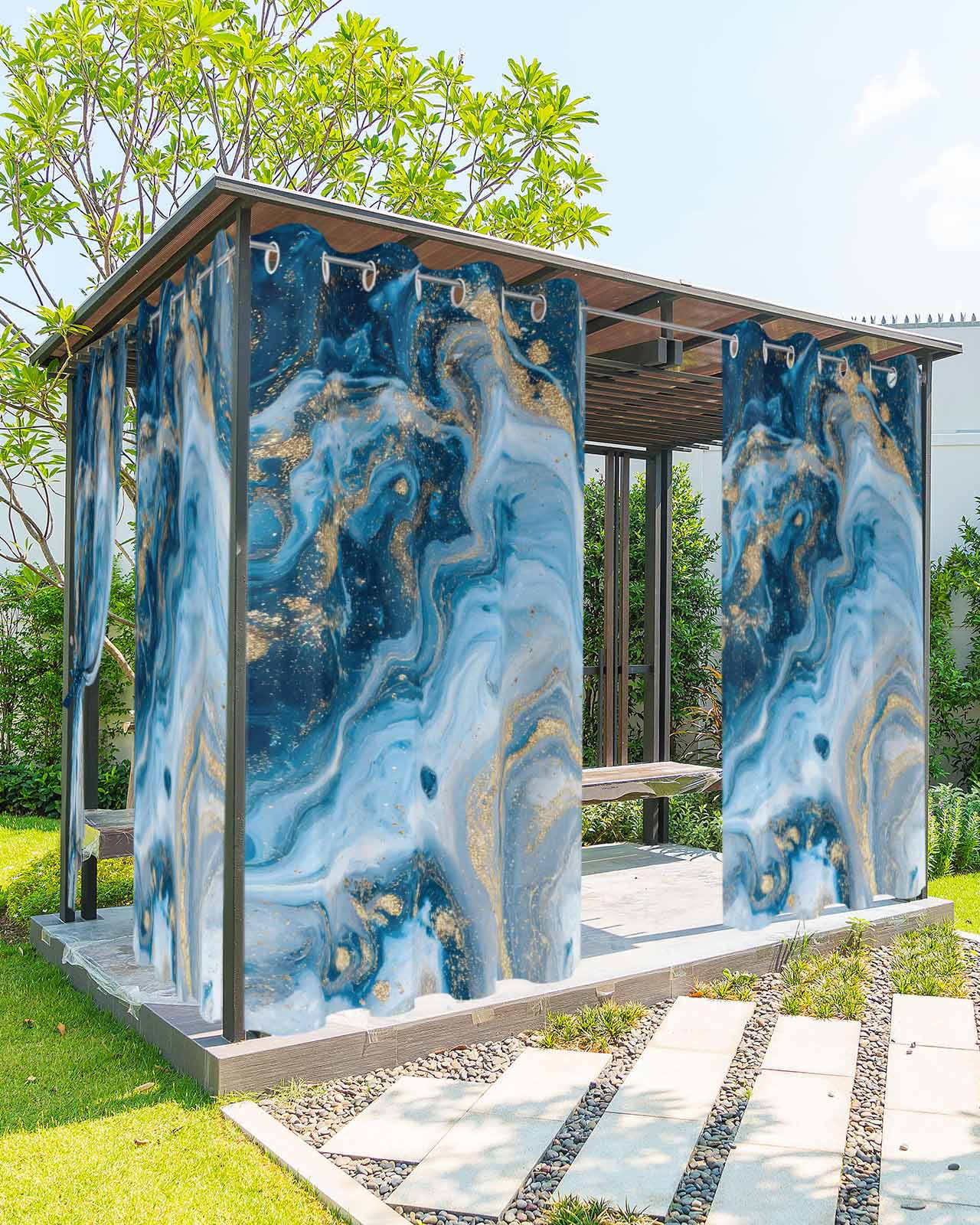Blue Gold Marble Outdoor Curtains for Patio, Modern Abstract Geometric ...