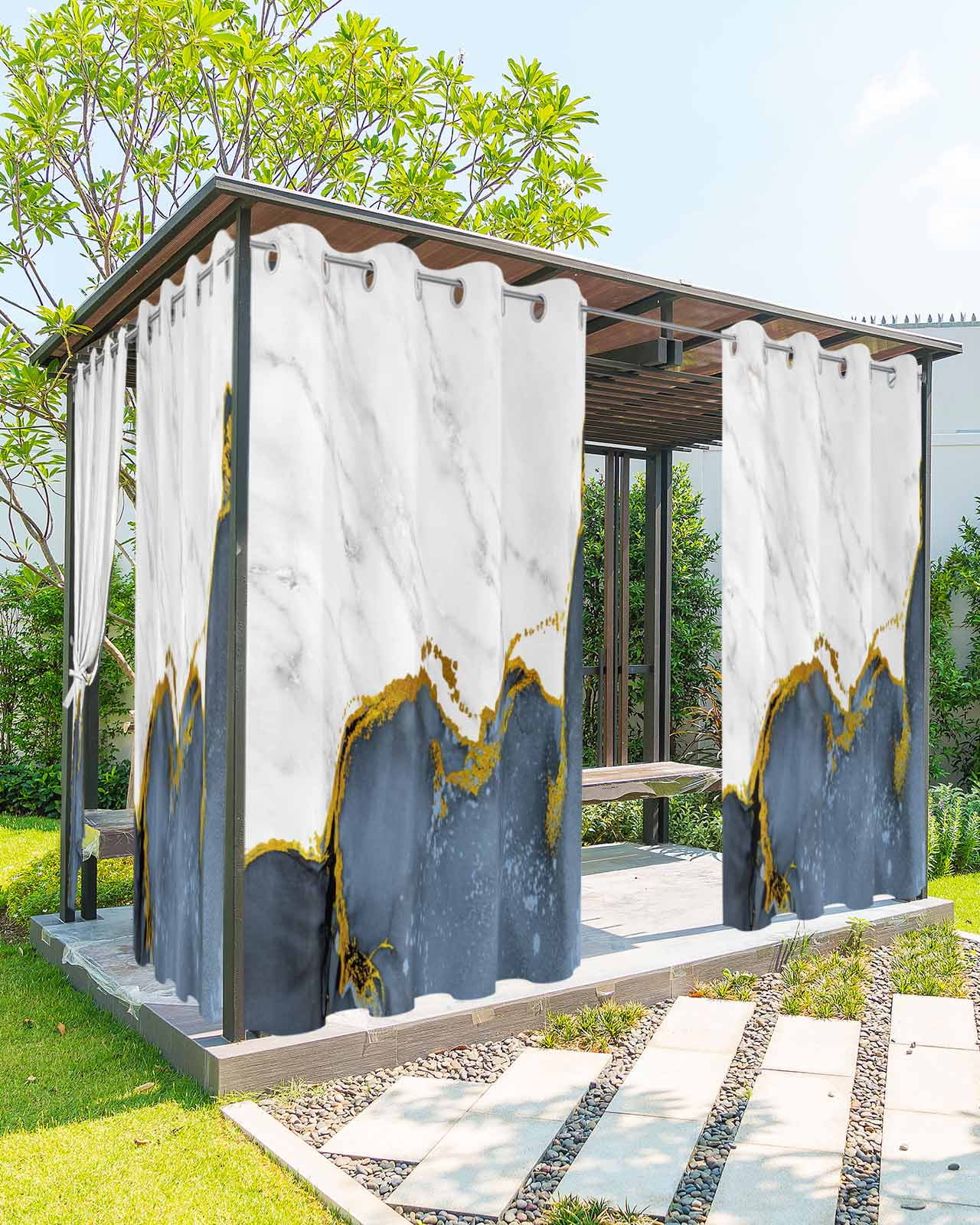 Blue Gold Marble Outdoor Curtains for Patio, Modern Abstract Marble ...