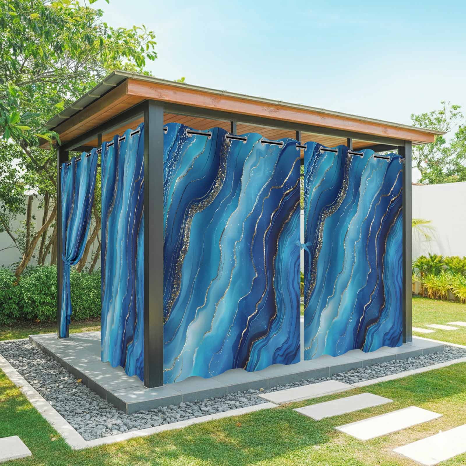 Blue and Gold Marble Outdoor Curtains for Patio Waterproof, Modern ...