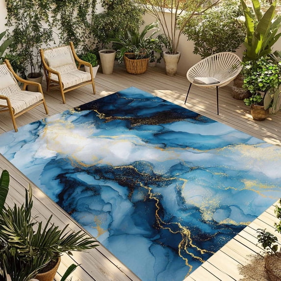 Blue Gold Marble Outdoor Rug, Luxury Gorgeous Ocean Abstract Non-Slip ...