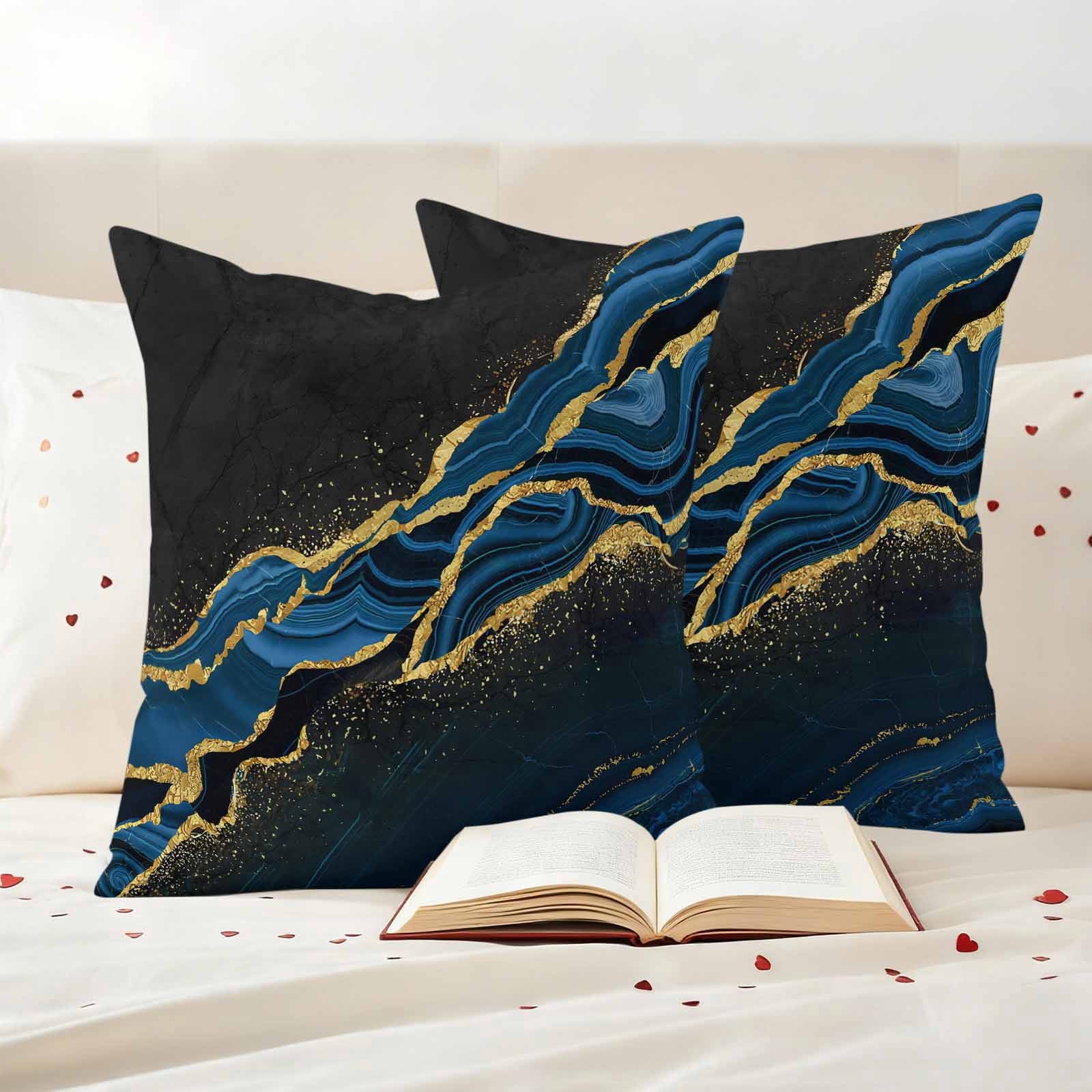Blue Gold Marble Outdoor Throw Pillow Covers Set of 2, Grey Luxury ...