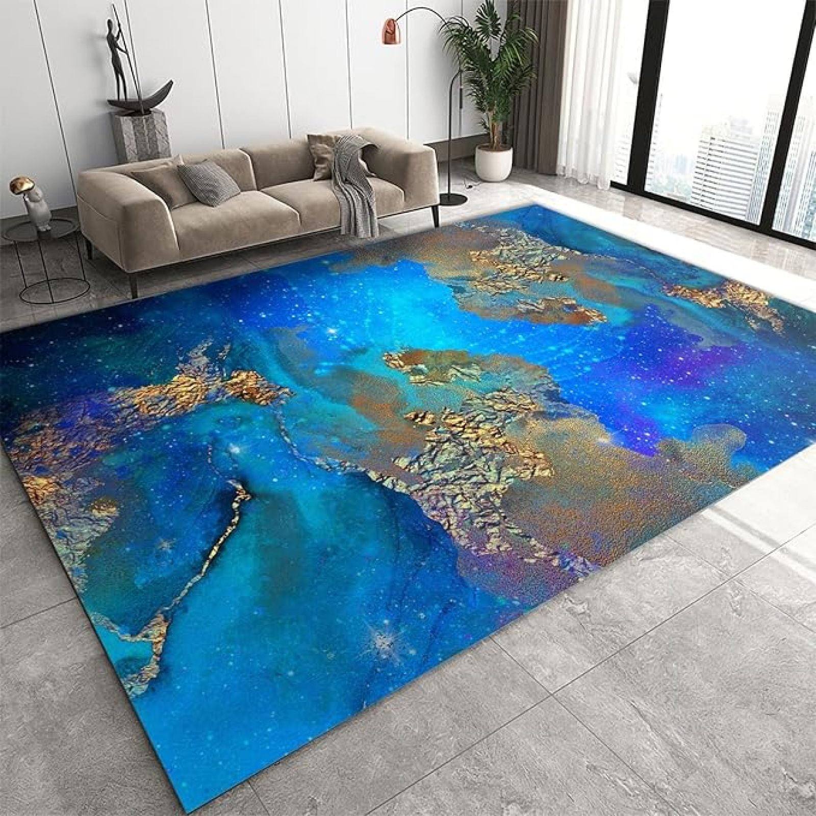 Blue Gold Marble Pattern Area Rug, Creative Art Simple Indoor Non Slip ...