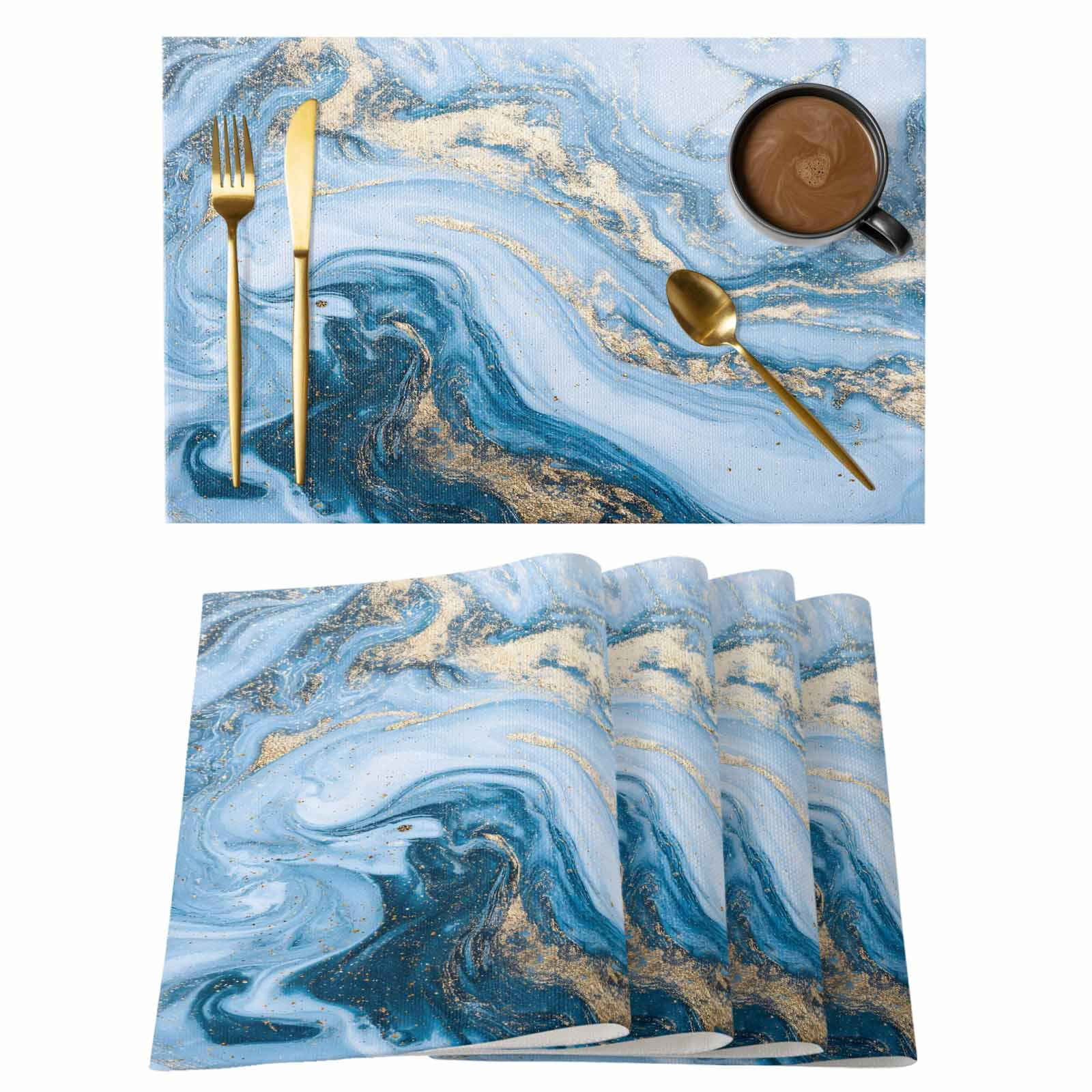 Blue Gold Marble Placemats Set of 6, Vintage Abstract Geometric ...