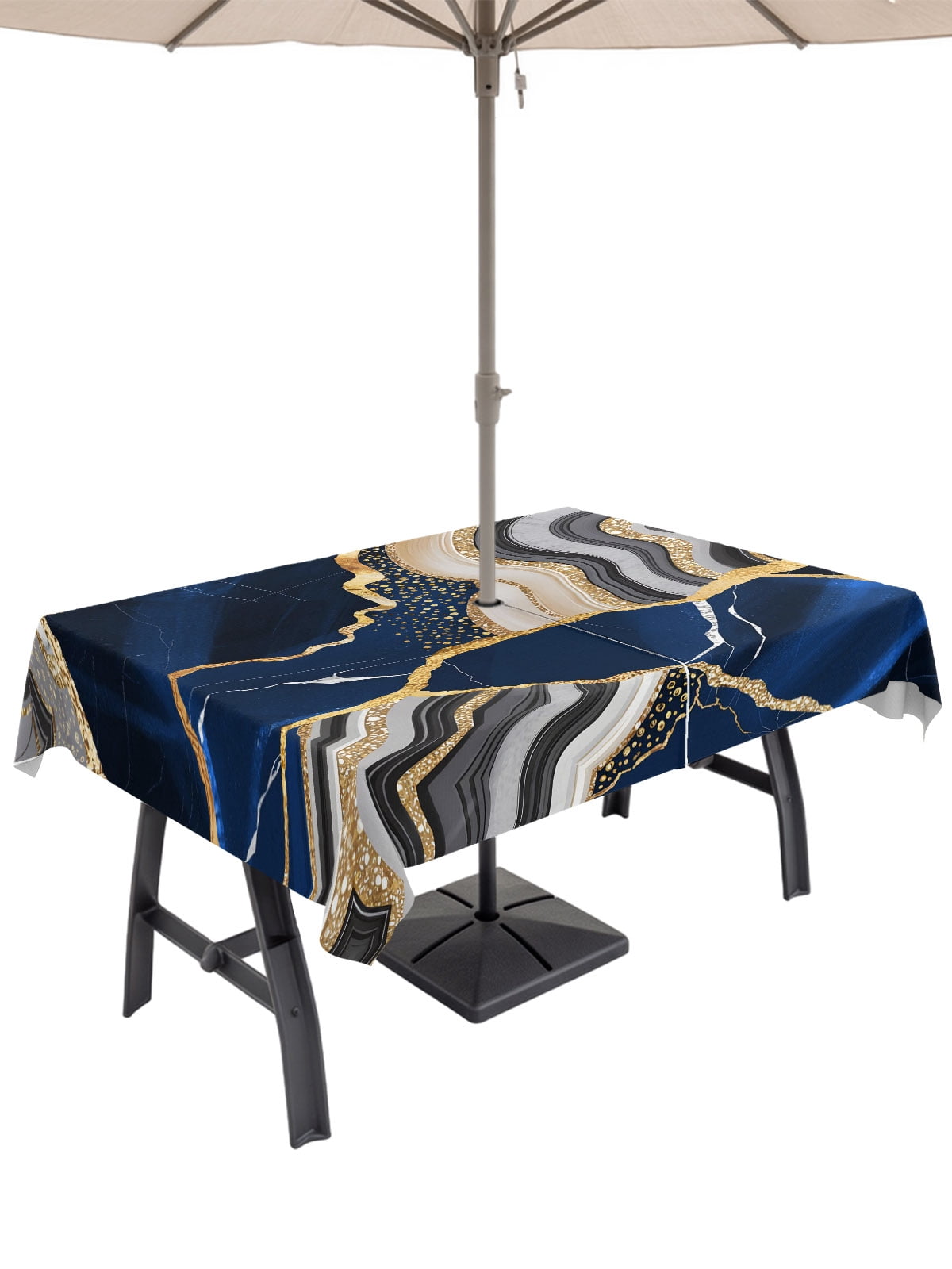 Blue Gold Marble Rectangle Outdoor Tablecloth with Umbrella Hole ...