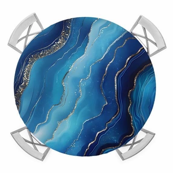 Blue and Gold Marble Round Fitted Tablecloth with Elastic Edge, Modern ...