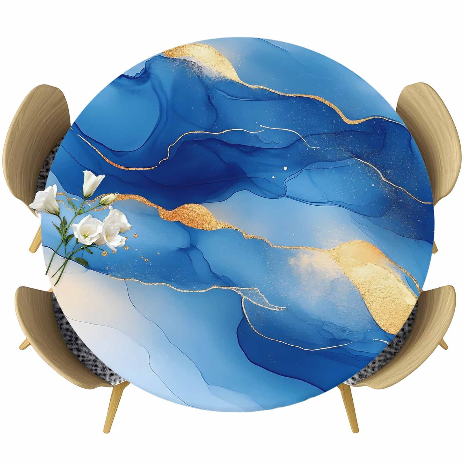 Blue Gold Marble Round Tablecloth 45-54 Inch Round Fitted Table Cloth ...